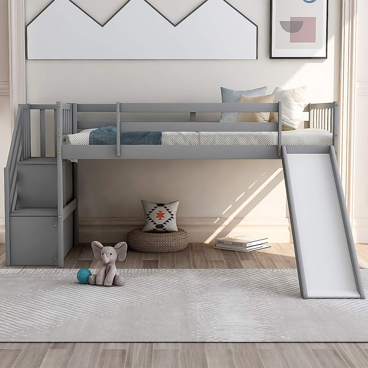 Low Loft Bed with Stairs for Kids and Toddlers Wood Loft Bed Frame with Slide Twin Loft Beds with Stairway Storage for Boys Girls, Gray