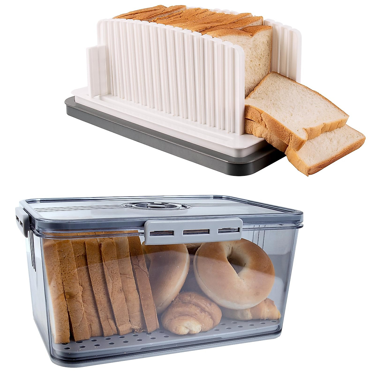 Bread Box&Bread Slicer, Bread Slicer for Homemade Bread, Large Bread Box Airtight with Lid, Time Recording Bread Container for Homemade Bread, Toast, Bagel, Donut and Cookies (Box:11.2"x7.5"x6.1"/8L)