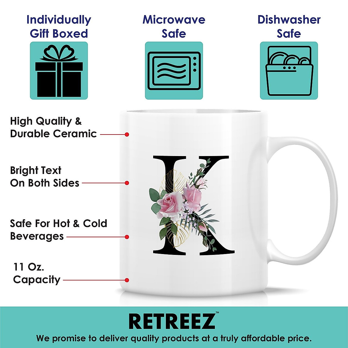 Retreez Initial A-Z Floral Botanical Bouquet Alphabet Monogrammed Monogram Mug 11 Oz Ceramic Tea Coffee Mugs - Appreciation Thank You Wedding Birthday Gifts for her friend coworker sister - K Initial
