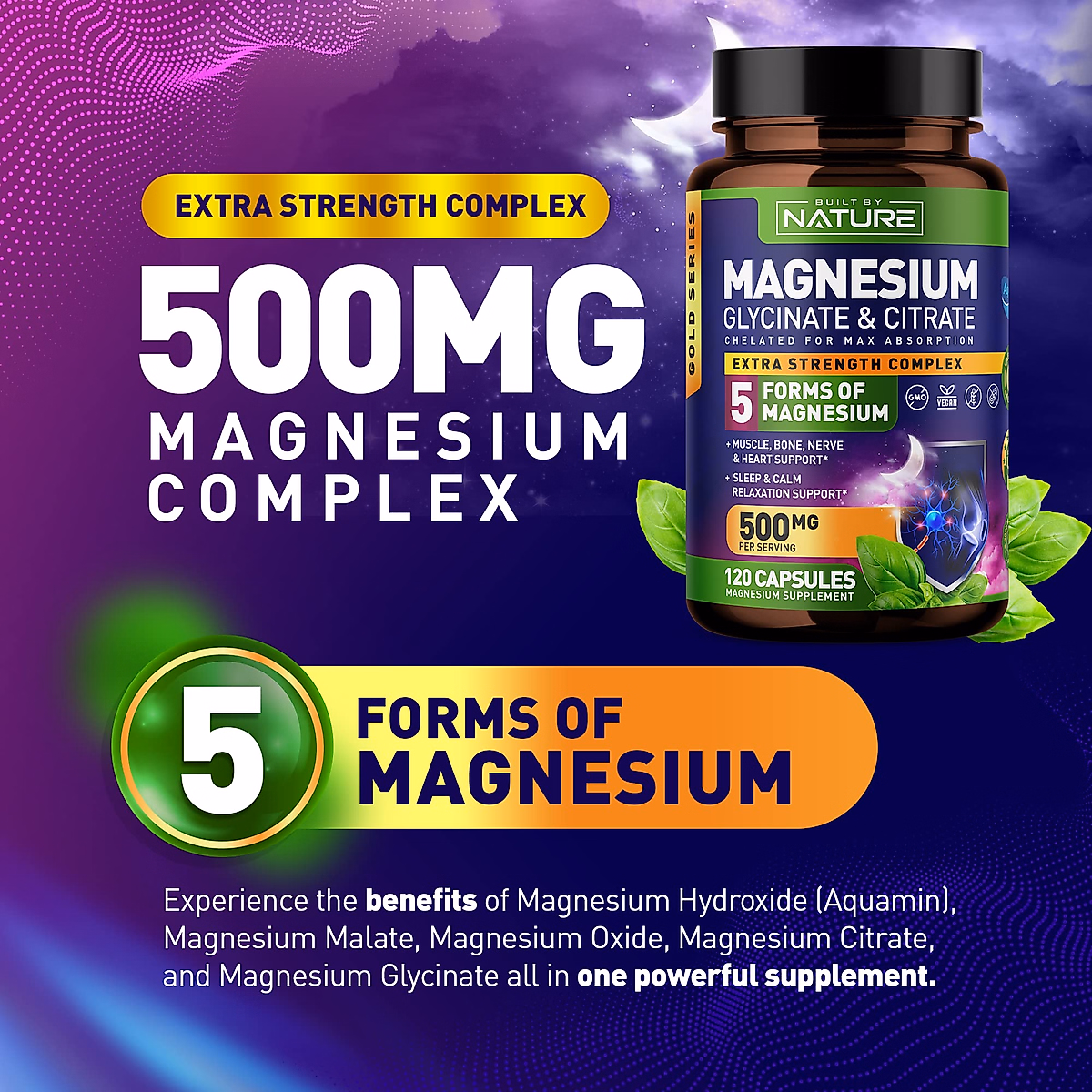 Magnesium Complex 500mg - 5 Forms of Magnesium Glycinate, Citrate, Malate, Oxide & Aquamin with 72 Trace Minerals - Chelated for Absorption - Supplement for Muscle, Nerve, Heart & Sleep (120 Capsules)