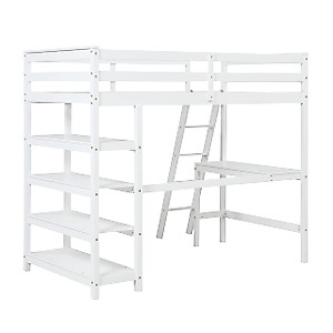 Harper & Bright Designs Twin Size Loft Bed with Desk Underneath Twin Loft Bed with Shelves and Ladder, Wood Loft Bed Twin for Kids Girls Boys,White