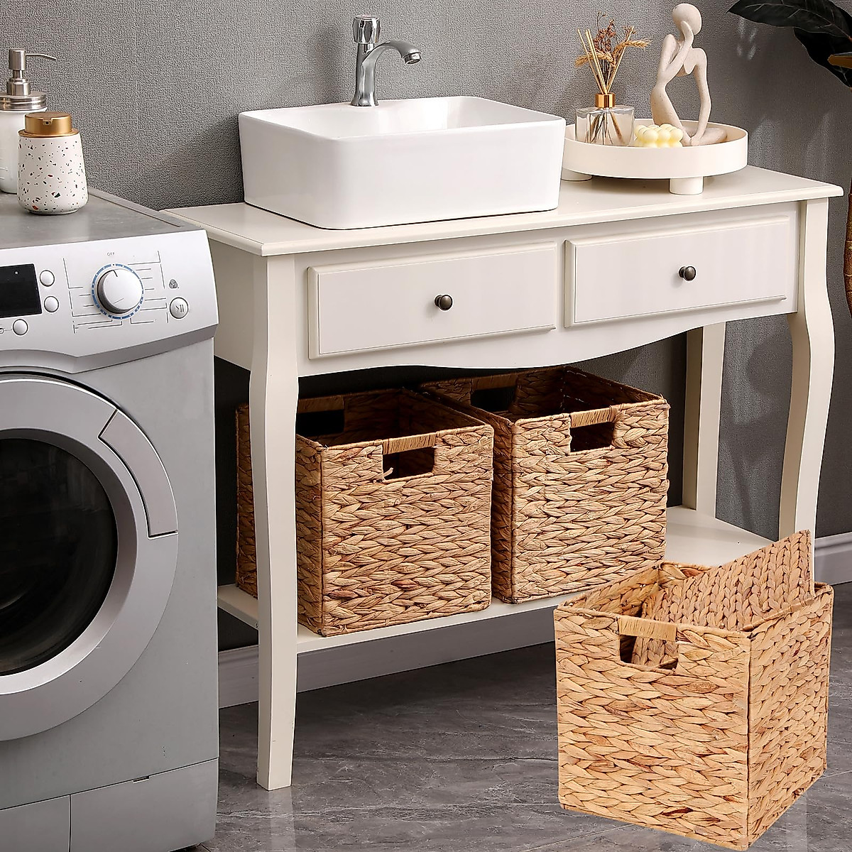 LYJWOO6D Wicker Storage Cubes Wicker Storage Baskets Rectangular Laundry Organizer Totes for Shelves,Foldable Handwoven Water Hyacinth Storage Baskets for Organizing Set of 2 Pcs,11x11x11inch