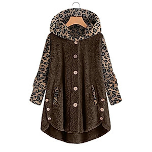 YRAETENM Womens Winter Coats Long Sleeve Button Down Overcoats Plush Warm Soft Hooded Outwear Leopard Print Fall Jackets