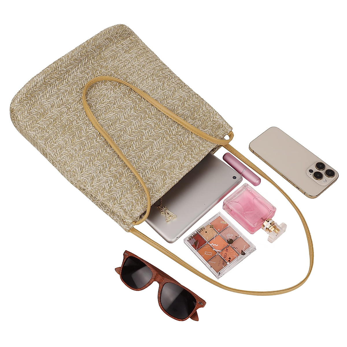 Women Straw Shoulder Bag Bucket Bag Beach Hobo Handbag Top Handle Satchel Purse for Summer, Dark Beige