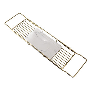 Metal Marble Bathtub Rack, Bathtub Caddy Tray Stainless Steel Shower Caddy Tray with Extending Sides, Bathroom Trays (Gold White)