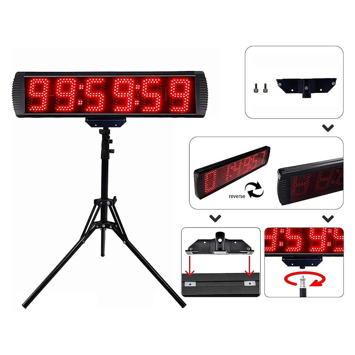 GANXIN 5 Inch LED Race Clock with Tripod for Running Events,Marathon Countdown Clock,Gym Timer Clock,Count Up,Stopwatch,Wireless Remote Control&APP Control,5 Levels Brightness Adjustable (Red)
