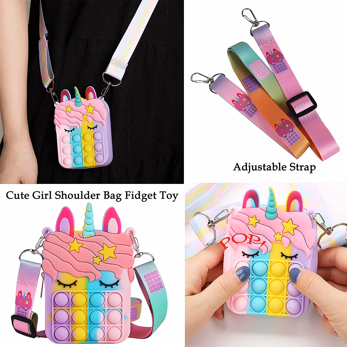 Fidget Purse, Pop Fidget Push It Bubble Popper Unicorn Bag with Bulk Fidget Bracelets Key Chain Stress Relief Toys for Girls Ages 3-12 Gift Easter Basket Stuffers Birthday Party Favor Xmas Stocking