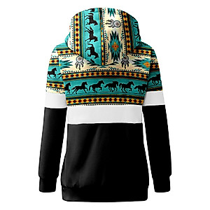 Aztec Hoodies for Women Pullover Western Jacket Hooded Sweatshirt Turtleneck Long Sleeve Shirt Print Tunic Tops Geometric Horse Tribal Ethnic Vintage Color Block Colorblock Turtle Cowl High Neck