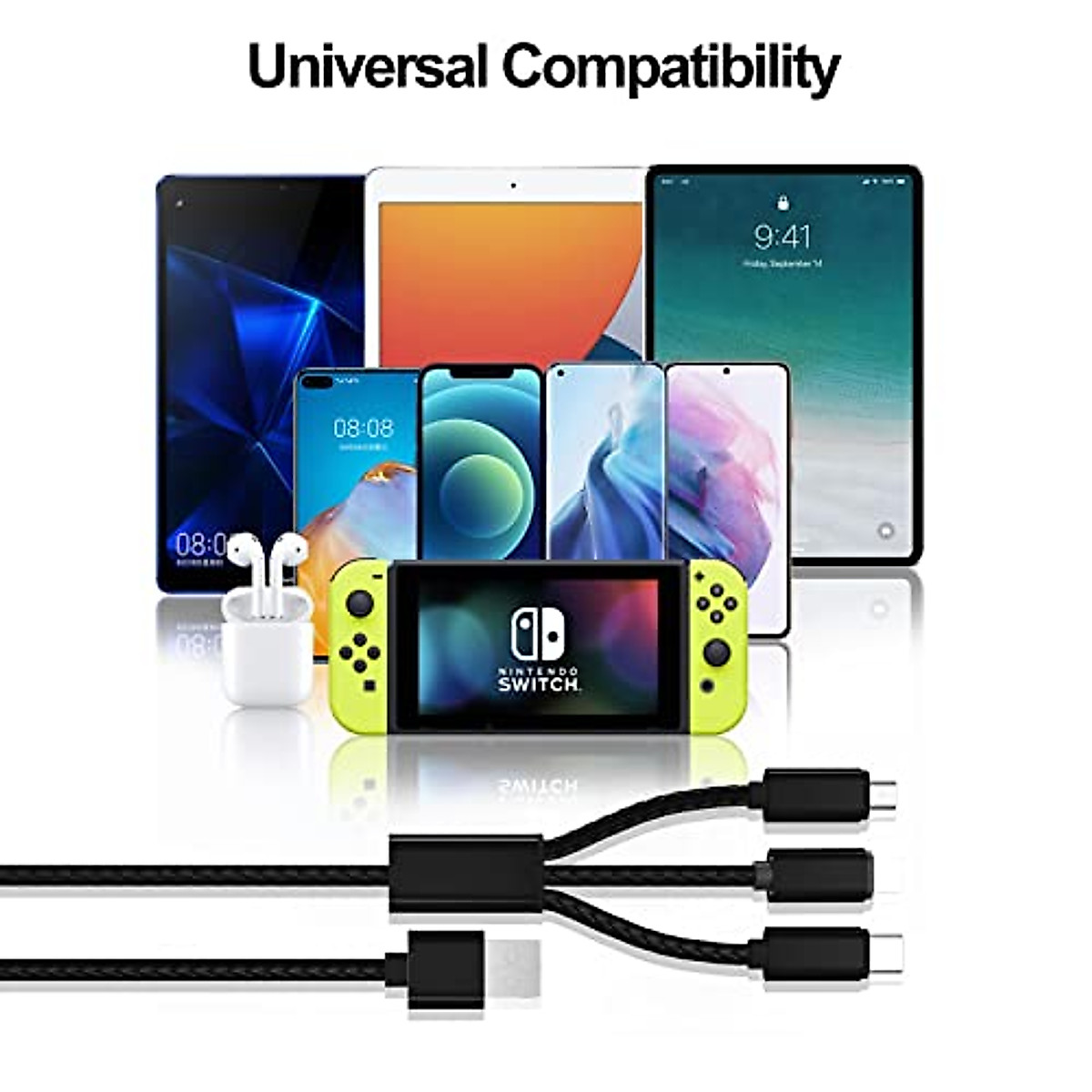 Multi Charging Cable, 4Pack/4FT 3 in 1 Fast Charging Cord Adapter with USB-C, Type C/Micro USB Port Connectors, Nylon Braided Universal Multiple USB Cable for Cell Phones, Android Devices and More