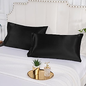 Satin Silk Pillowcases for Hair and Skin 2 Pack Standard Size Pillow Cases Wrinkle Resistant Ultra Soft Pillow Covers with Envelope Closure(Black, 20”X26”)