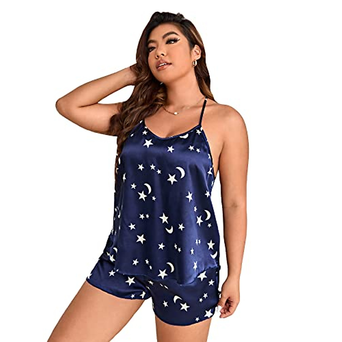 MakeMeChic Women's Plus Size 2 Piece Satin Pajamas Star Moon Print Silk Cami Top Shorts Pj Set Sleepwear Navy Blue 1XL