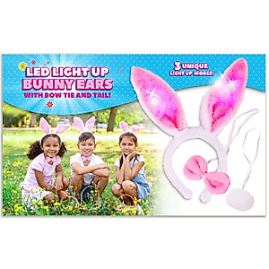 Kangaroo Plush LED Light Up Bunny Costume Adult, White Bunny Ears, Tail & Bowtie Cosplay Accessories, White Rabbit Ears for Easter & Halloween, All Party Favor Basket Stuffers Pink, Stocking Stuffer