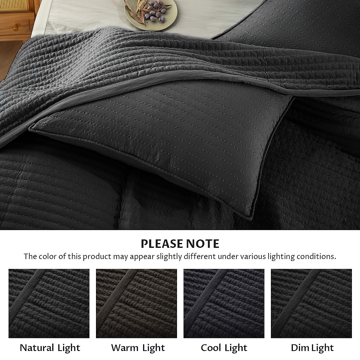 KASENTEX Black King Size Quilt Bedding Sets with Pillow-Shams, Dark Lightweight Soft Bedspread Coverlet, Quilted Blanket Thin Comforter Bed Cover, All Season Summer Spring, 3 Pieces, 104x90 inches
