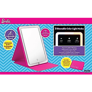 eKids Barbie Travel Mirror with Light and Adjustable Stand, Shatterproof Makeup Mirror with Rechargeable Battery, Designed for Fans of Barbie Accessories and Gifts