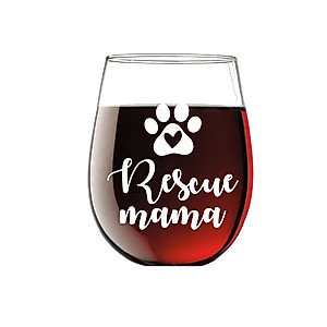 Rescue Mama 15oz Stemless Crystal Wine Glass - Unique Birthday Gift For Dog Mom, Dog Dad, Animal Rescue Fur Mama Vet Dog Cat Lover Gifts For Men or Women Cute Paw Gag Novelty Gift - CBT Wine Glasses