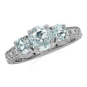Silvershake 1.09ct. 3 Stone Genuine Blue Aquamarine White Gold Plated 925 Sterling Silver Ring Size 7
