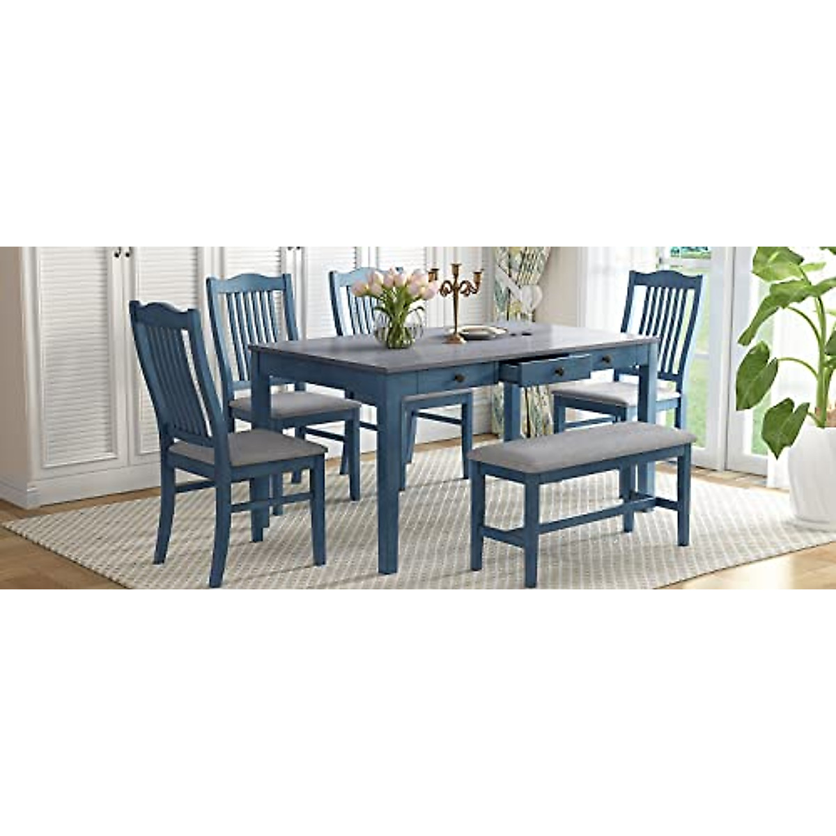SIYSNKSI Mid-Century 6-Piece Dining Table Set with 4 Upholstered Dining Chairs and Bench, Wood Rectangular Dining Table with Drawer for Kitchen Living Room, Dining Table Set for 6 (Antique Blue)