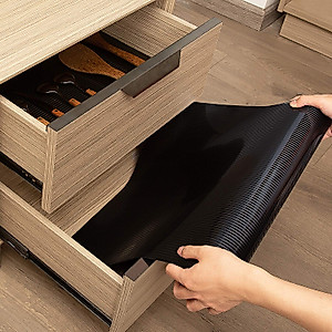 SinhRinh Drawer and Shelf Liner, 12IN x 20FT Non Slip Non Adhesive Cabinet Liner for Kitchen and Desk - Black Ribbed