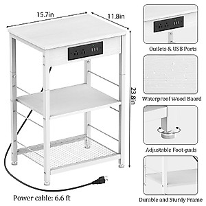 NOVIMANGO Nightstand with Charging Station End Tables White Side Table with USB Ports & Outlets Small Bedside Table with 3 Tier Storage Night Stand Table in Bedroom Living Room Dorm Office