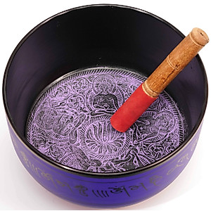 Five Buddhas (Panch Buddhas) Painted Aluminum Singing Bowl. 9.5" Diameter. Wood Mallet and Cushion Included