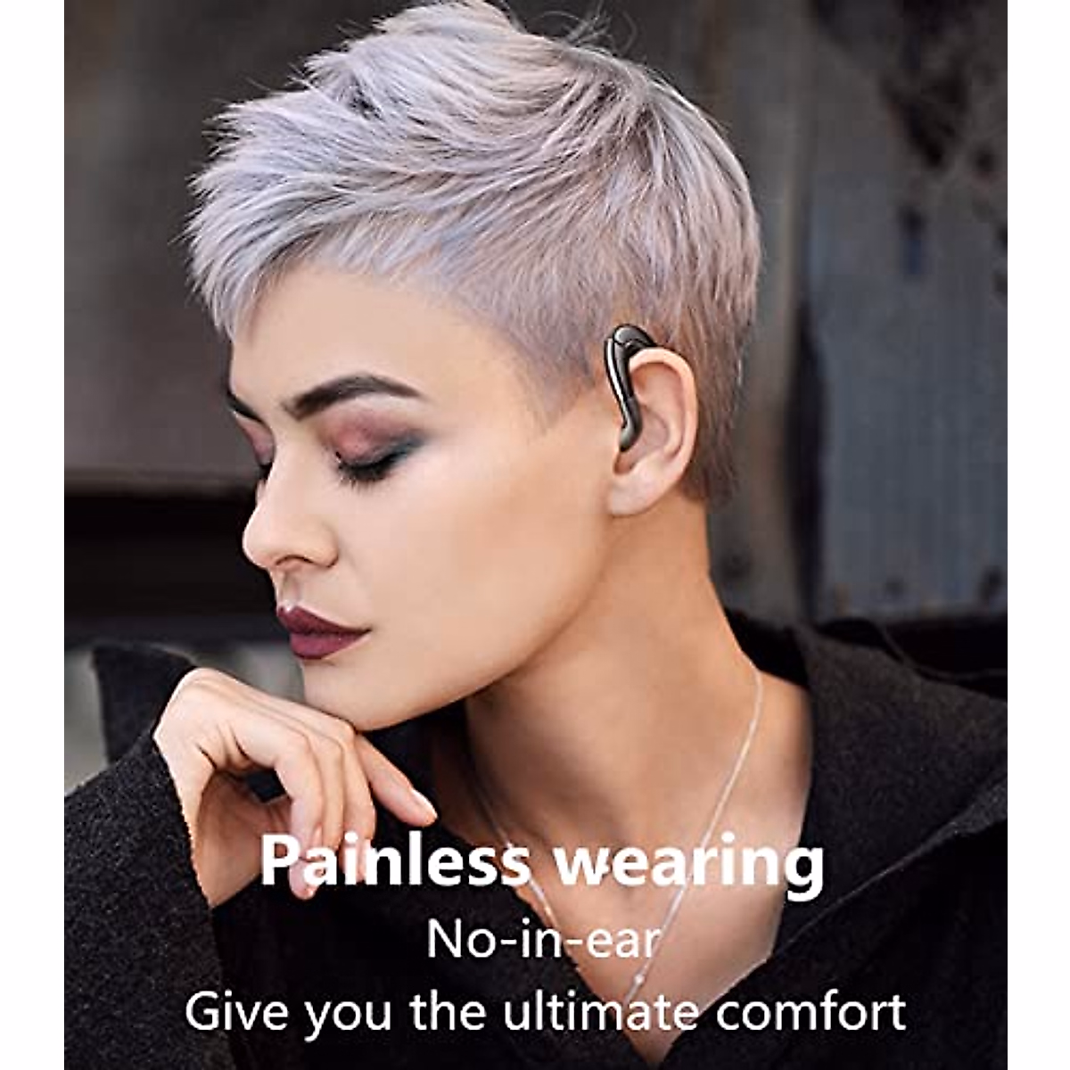 Wireless Bluetooth Headphone, Painless Wearing Headset with Mic for Cell Phone, Non Ear Plug Non Bone Conduction Ear Hook Earbuds, Lightweight, Waterproof Earpiece for Business/Office/Sports (Black)