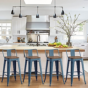 Andeworld Bar Stools Set of 4 Counter Height Stools Industrial Metal Barstools with Wooden Seats(24 Inch, Distressed Navy)