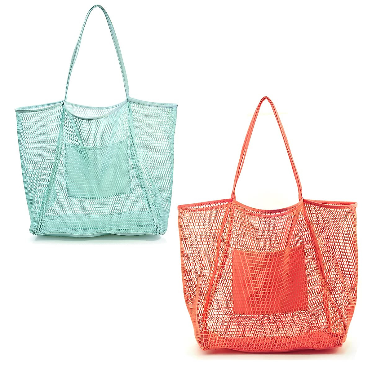 Mesh Beach Tote Womens Shoulder Handbag (Ice Blue, Coral)