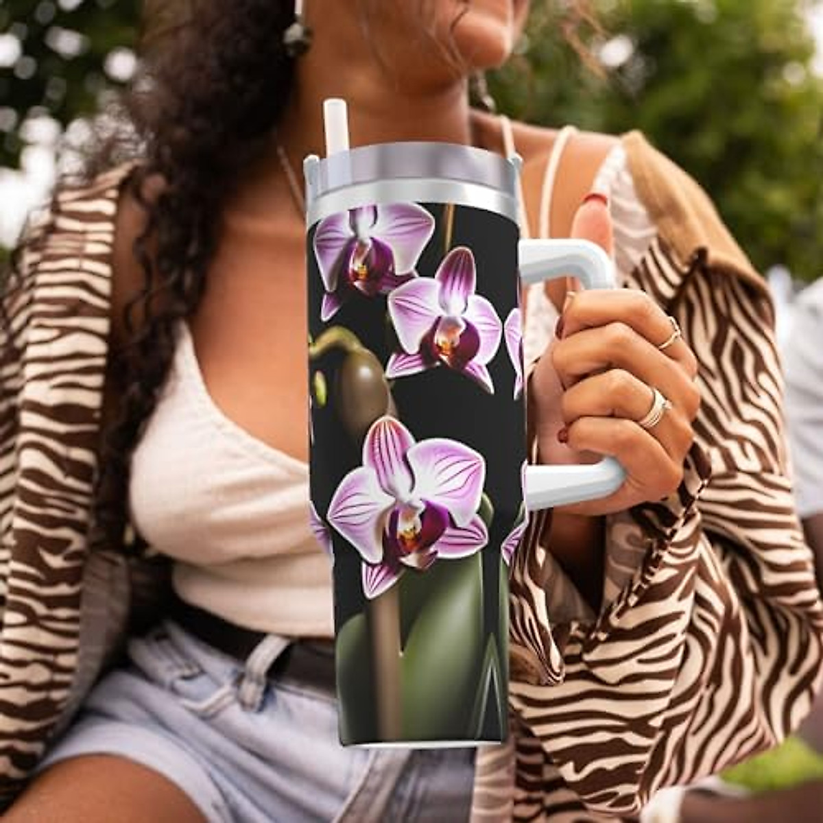HULIBIN Bell orchid pattern Print Double Deck Stainless Steel Travel Coffee Cup With Lid 40 Oz Ice Bully Cup