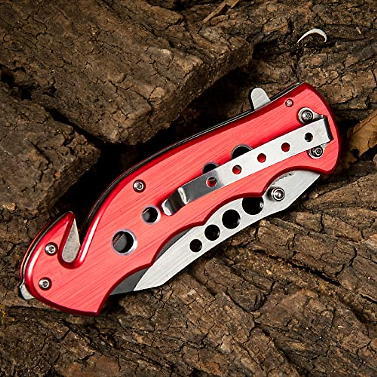 Dispatch Folding Pocket Knife Red Aluminum Handle with Saw Rope Cutter and Glass Breaker, Multifunction for Outdoor Hunting Camping Hiking EDC Tool