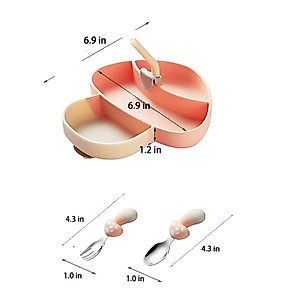 AHOTA Silicone Suction Plate for Toddlers, Spoon, Fork, Baby Eating Essentials, Toddler plate and Utensils Set(Silicone Baby Feeding Set - Pink Mushroom)