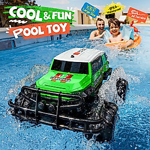 Ruko 1601AMP2 Amphibious Remote Control Car, 1:10 RC Car Toys for Boys, IPX6 Waterproof Monster Truck with Lights for All Terrain, 2 Rechargeable Batteries, Gifts for Kids (Green)