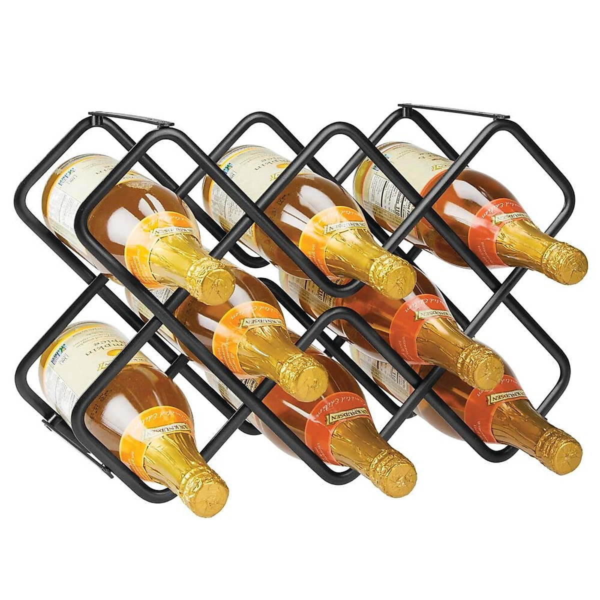 mDesign Metal Free-Standing Wine Rack Storage Organizer for Kitchen Countertops, Pantry, Fridge - Stores Wine, Beer, Pop/Soda, Water Bottles - 3 Levels, Holds 8 Bottles - Black