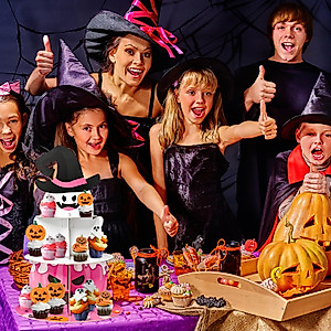 Haooryx Little Boo Party Decorations Cupcake Stand, 3 Tire Pink Boo Pumpkin Bat Cupcake Tower Spider Web Cardboard Dessert Holder for Halloween Little Boo Theme Party Birthday Baby Shower Table Supply