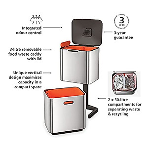 Joseph Joseph Totem Max 60 Liter Waste Separation and Recycling Kitchen Trash Can with Odor Filter and Removable Food Waste Caddy, Stainless Steel