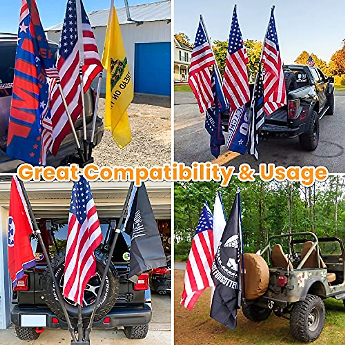 Universal Hitch Mount 3 Flag Pole Holder for Jeep SUV RV Pickup Car Truck Camper Trailer with Standard 2 inch Hitch Receivers Bracket with Anti-Wobble Screw (Black 3 Flagpoles)