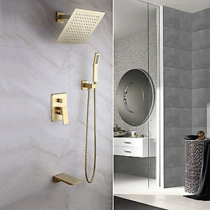 HiMyLEN Shower Faucet Set Brushed Gold 10'' Bathroom Square Rain Shower Head with Tub Faucet Handheld Spray, Wall Mounted Rainfall Shower Pressure Balance Shower Fixture, Rough-in Valve