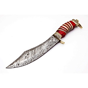 Skokie Knives Custom Hand Made Damascus Steel Hunting Bowie Knife Handle Camel Bone (Red)