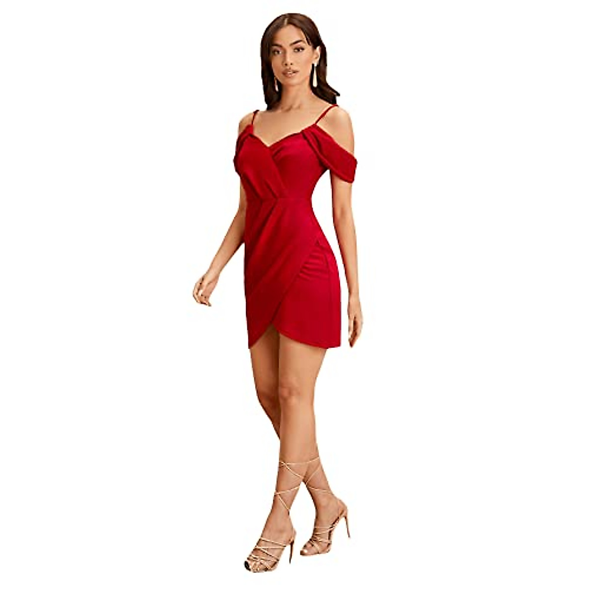 SweatyRocks Women's Elegant Short Sleeve Cold Shoulder Dress Wrap Bodycon Mini Dresses Red S