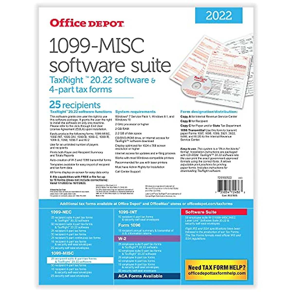 Office Depot® Brand 1099-MISC Laser Tax Forms with Software, 4-Part, 2-Up, 8-1/2" x 11", Pack of 25 Forms