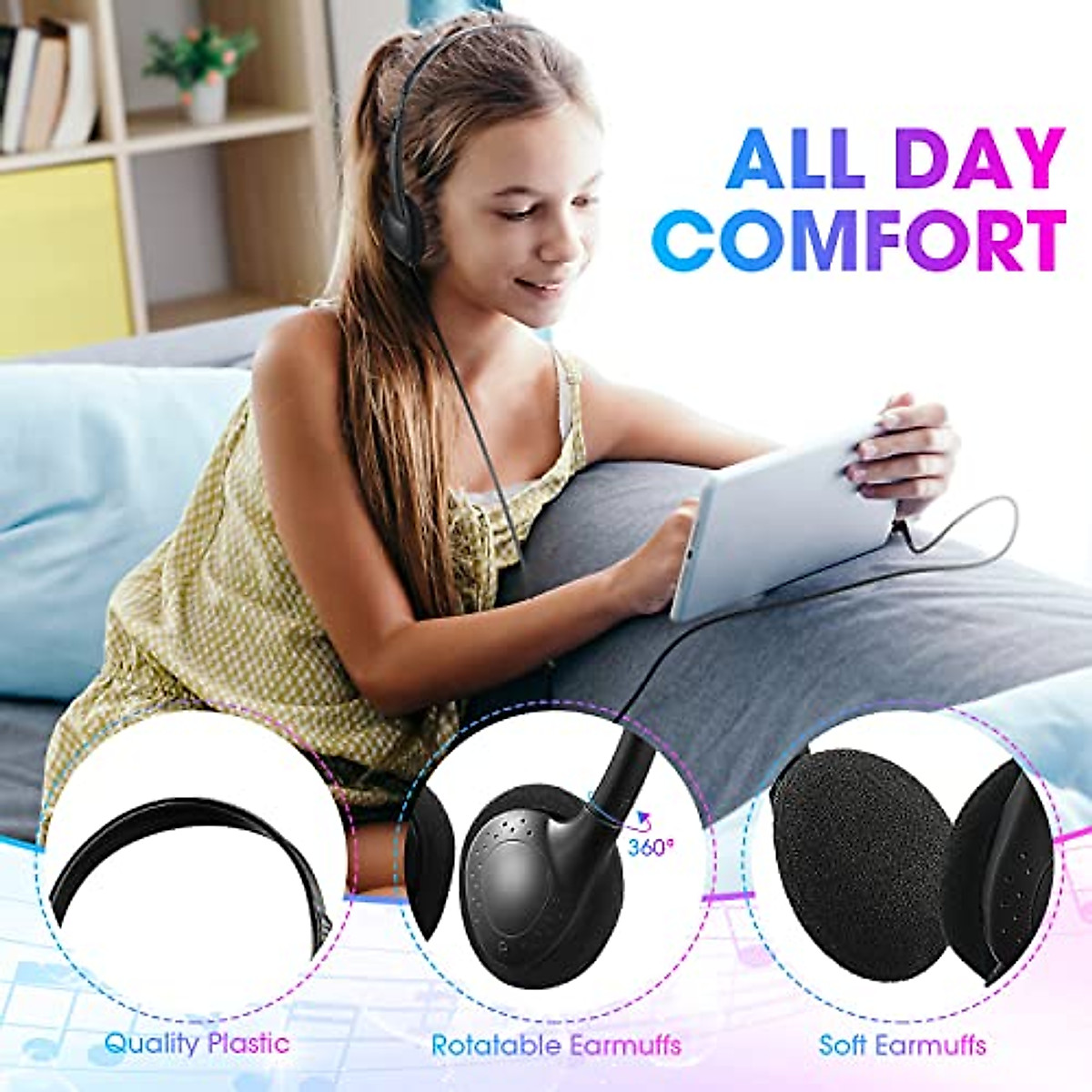 60 Pieces Headphones Bulk for Classroom Over The Head Headphones Wired Adjustable On Ear Student Headsets with 3.5 mm Headphone Plug for School Classroom Kids Children Teen and Adults (Black)