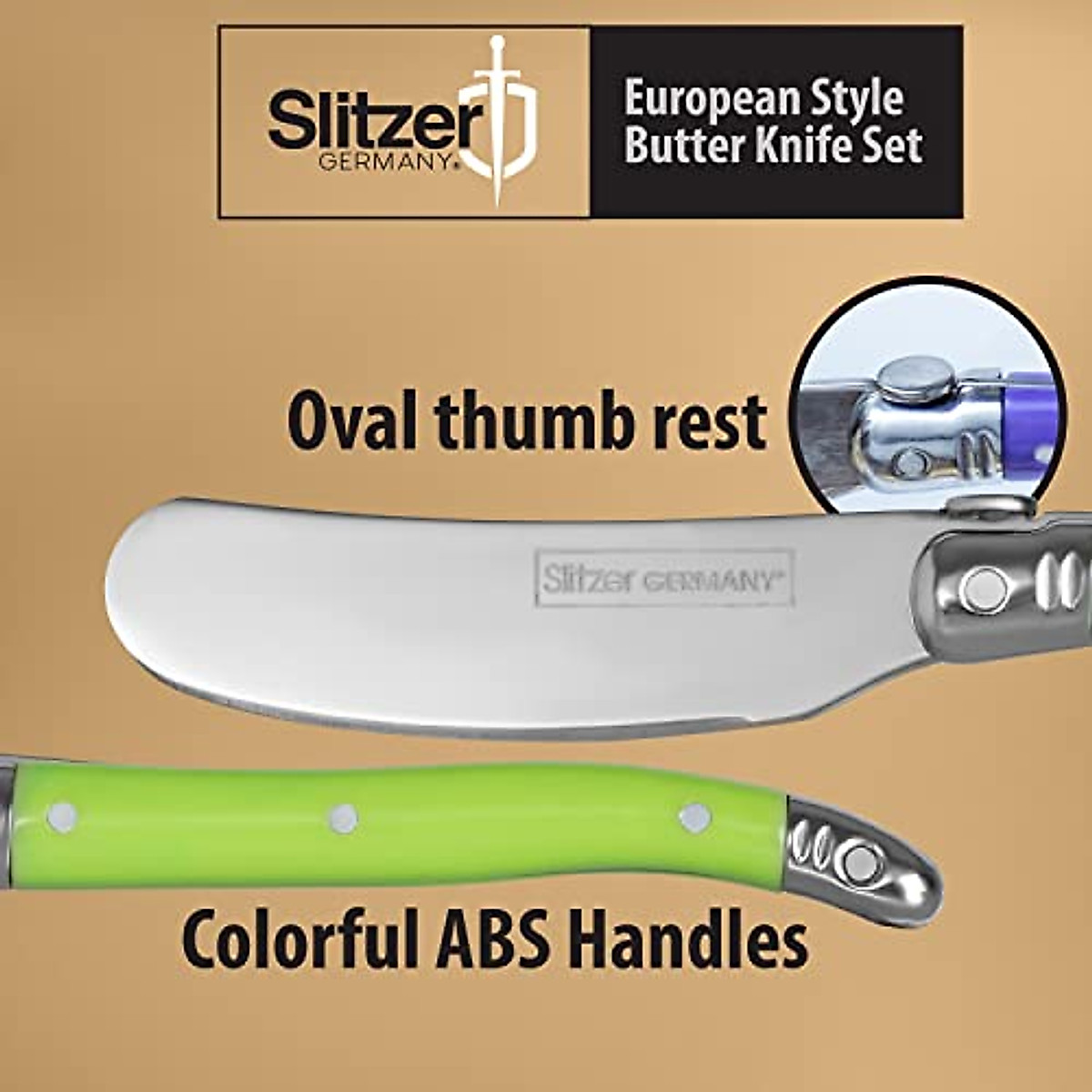 Slitzer Germany Butter Knife Set - European-Style Spreader Knife with Stainless Steel Blade - Easy Grip Colored ABS Handles - 6-Piece Set