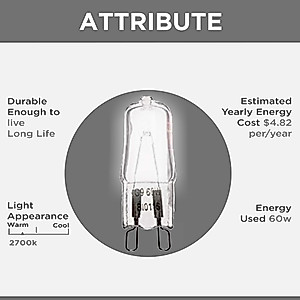 Brite Innovations G9 Halogen Bulb, 60 Watt – 6 Pack – Energy Saving - Dimmable - Soft White 2700K - 120V - Q40, CL, T4 JD Type, Clear Light Bulb