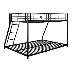 Majnesvon Metal Floor Bunk Bed, Twin Over Full Low Bunk Bed, Heavy Duty Frame with Sloping Ladder and Safety Guardrails for Teens Adults, No Box Spring Needed,Easy Assembly (Black)