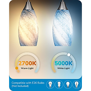 EDISHINE Pendant Light Fixtures, Handcrafted Art Glass Hanging Light with Brushed Nickel Finished, E26 Socket, Adjustable Cord Glass Pendant Light for Kitchen, Bathroom, Hallway, Bar