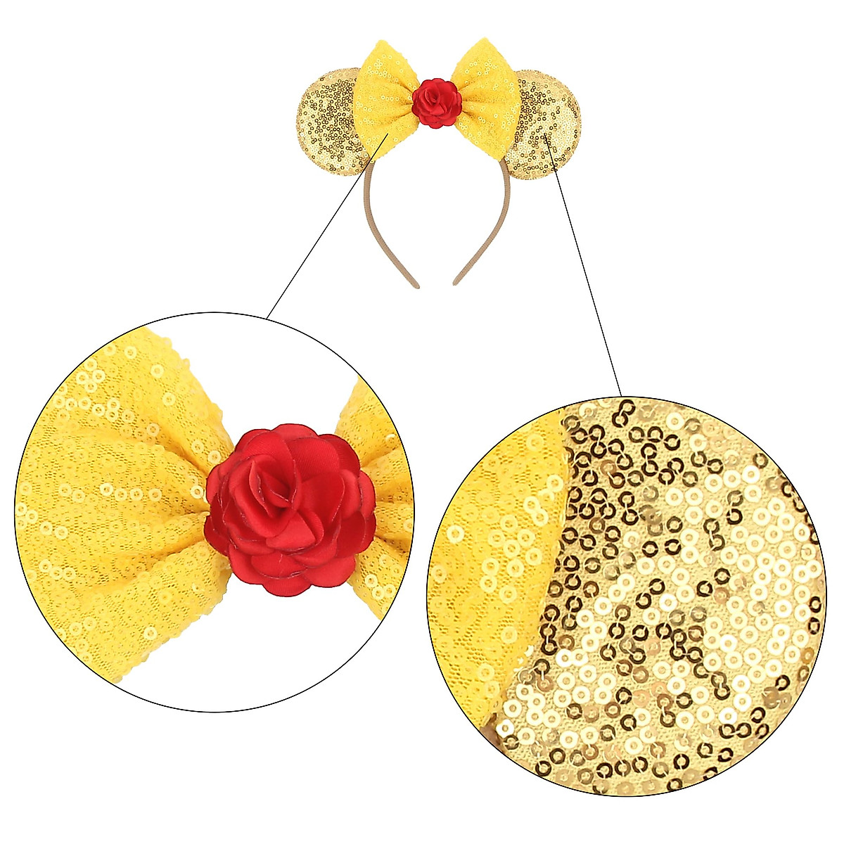 zhezesmila Beauty Mouse Ear Headband, Classic Mouse Ear Clips, Belle Rose Bow Scrunchies for Women, Girls, Princess Dress Accessories, Party, Cosplay