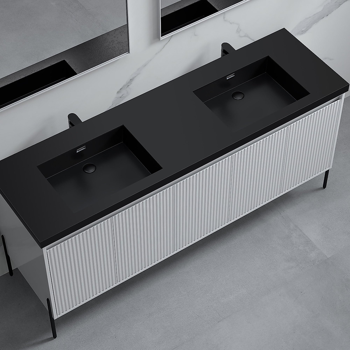 Dowell 72“ Fluted Design Vanity Set – Modern Bathroom Cabinet with Soft-Close Door & Shelf.Glossy White- 002 72 21V/7322BPBL