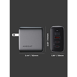 AMEGAT USB C Charger 65W, 3-Port GaN III Fast Charger Block PPS PD 3.0, Compact Foldable Wall Charger for MacBook Pro/Air, Dell XPS 13, iPhone 15/Pro, iPad Pro, Galaxy S23, Steam Deck, and More