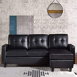 HONBAY Faux Leather Sectional Sofa Convertible L Shape Couch for Small Space, Black