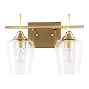 VONLUCE 2-Light Gold Vanity Light Fixtures Over Mirror, Wall Mount Modern Brass Bathroom Sconce with Clear Glass, Midcentury Gold Vanity Lighting for Bathroom, Makeup Dressing Table, Bedroom