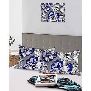 Spring Floral Pillow Covers King Standard Set of 2 Bed Pillow, Navy Blue Summer Flower Farmhouse White Grey Plush Soft Comfort for Hair/ Skin Cooling Pillowcases with Envelop Closure 20''x36''